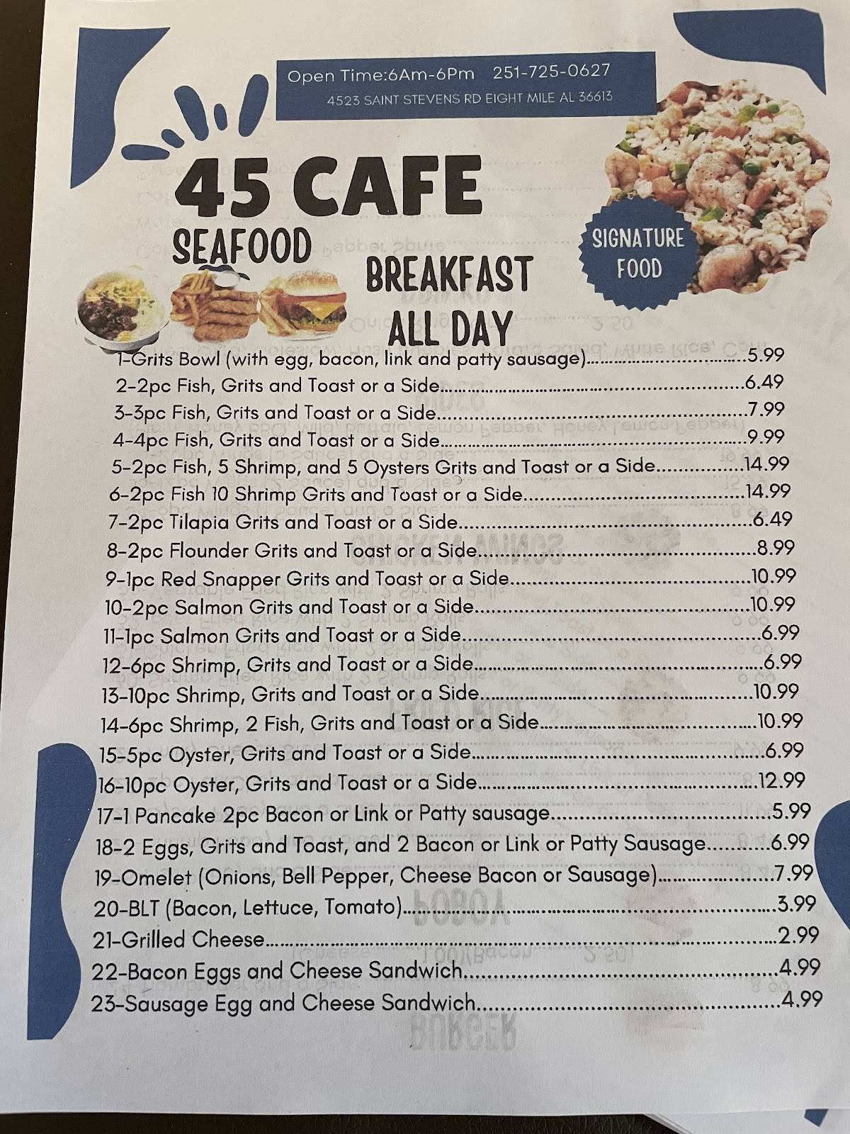 Menu at 45 CAFE, Prichard