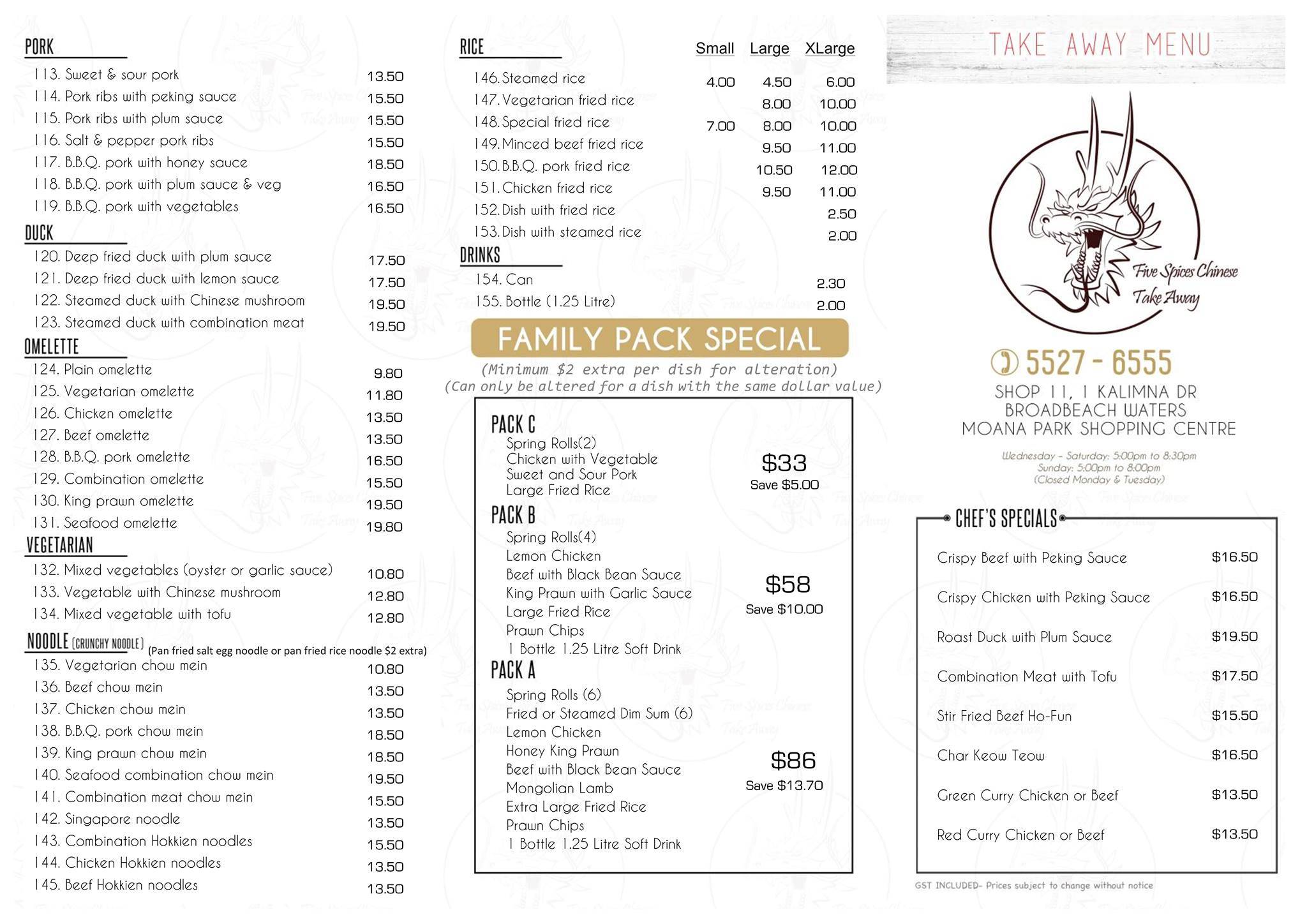 Menu at 5 Spices Chinese Takeaway restaurant, Broadbeach Waters, Moana ...