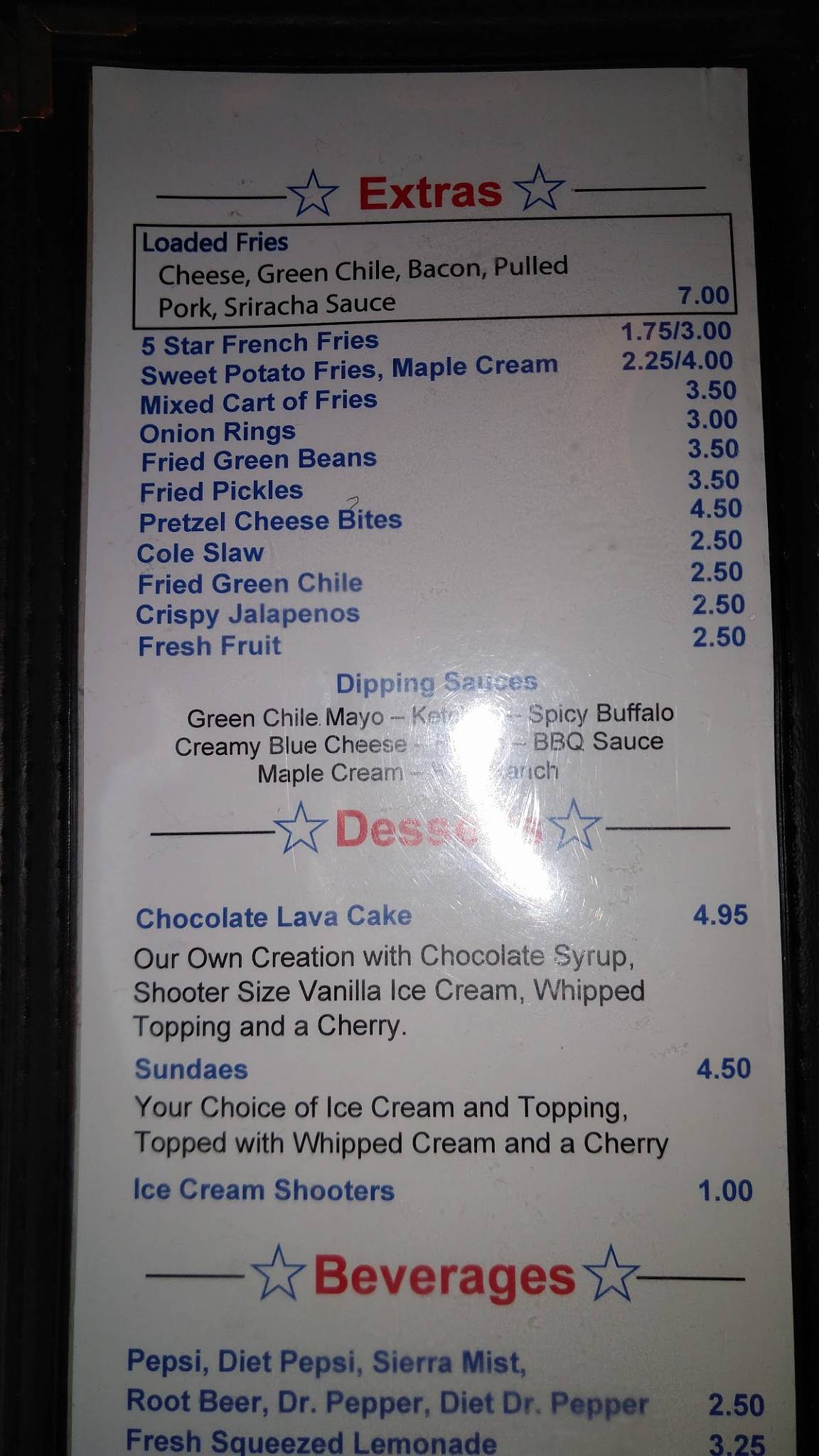 Menu at 5 Star Burgers restaurant, Taos, Paseo Del Pueblo Sur