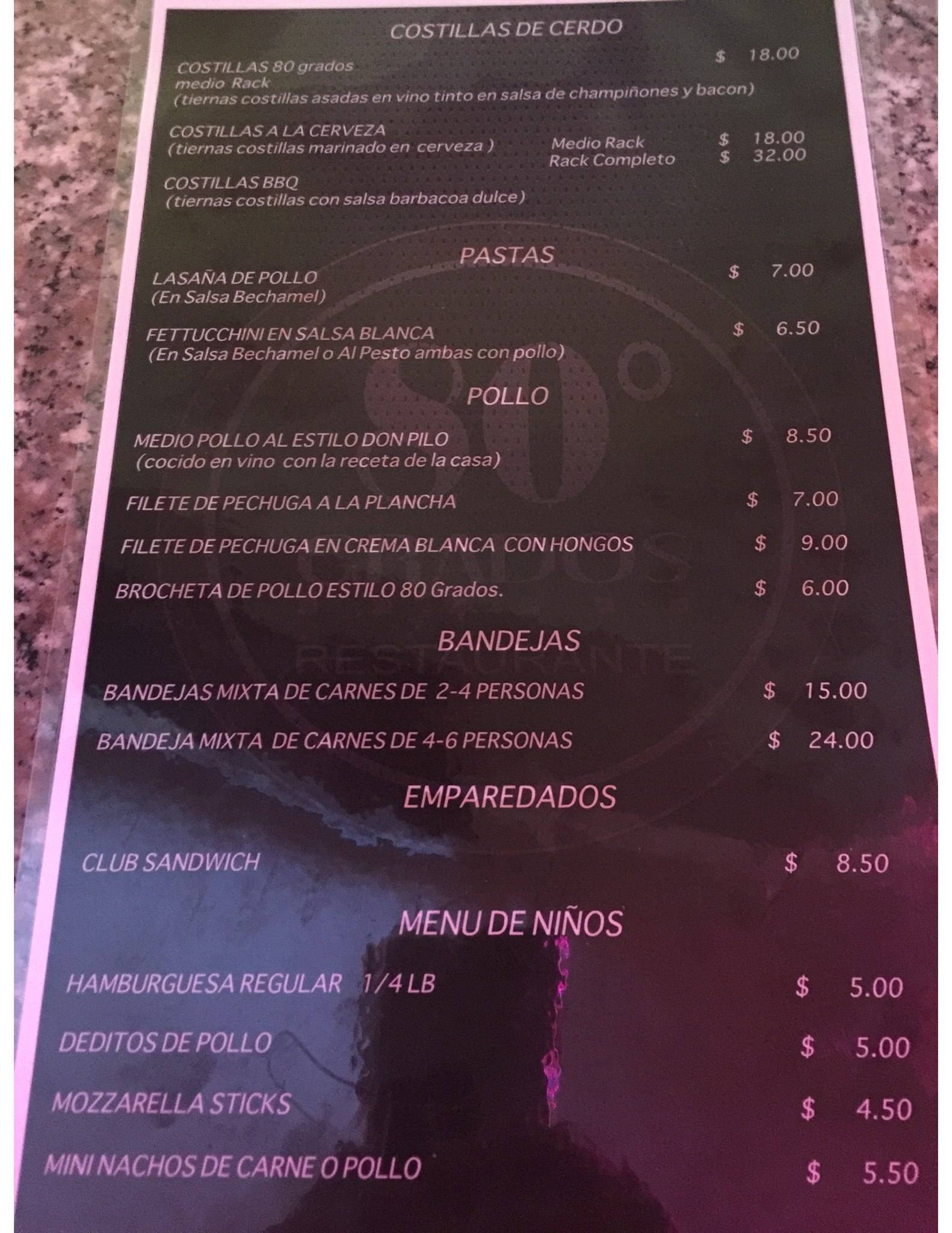 Carta de 80 Grados Restaurante, España