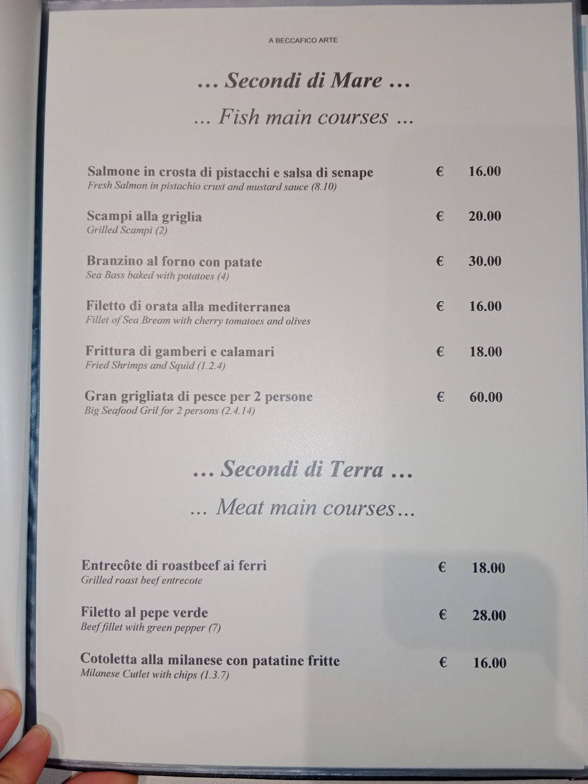 Menu at A Beccafico Arte restaurant, Venice, Fondamenta Trapolin