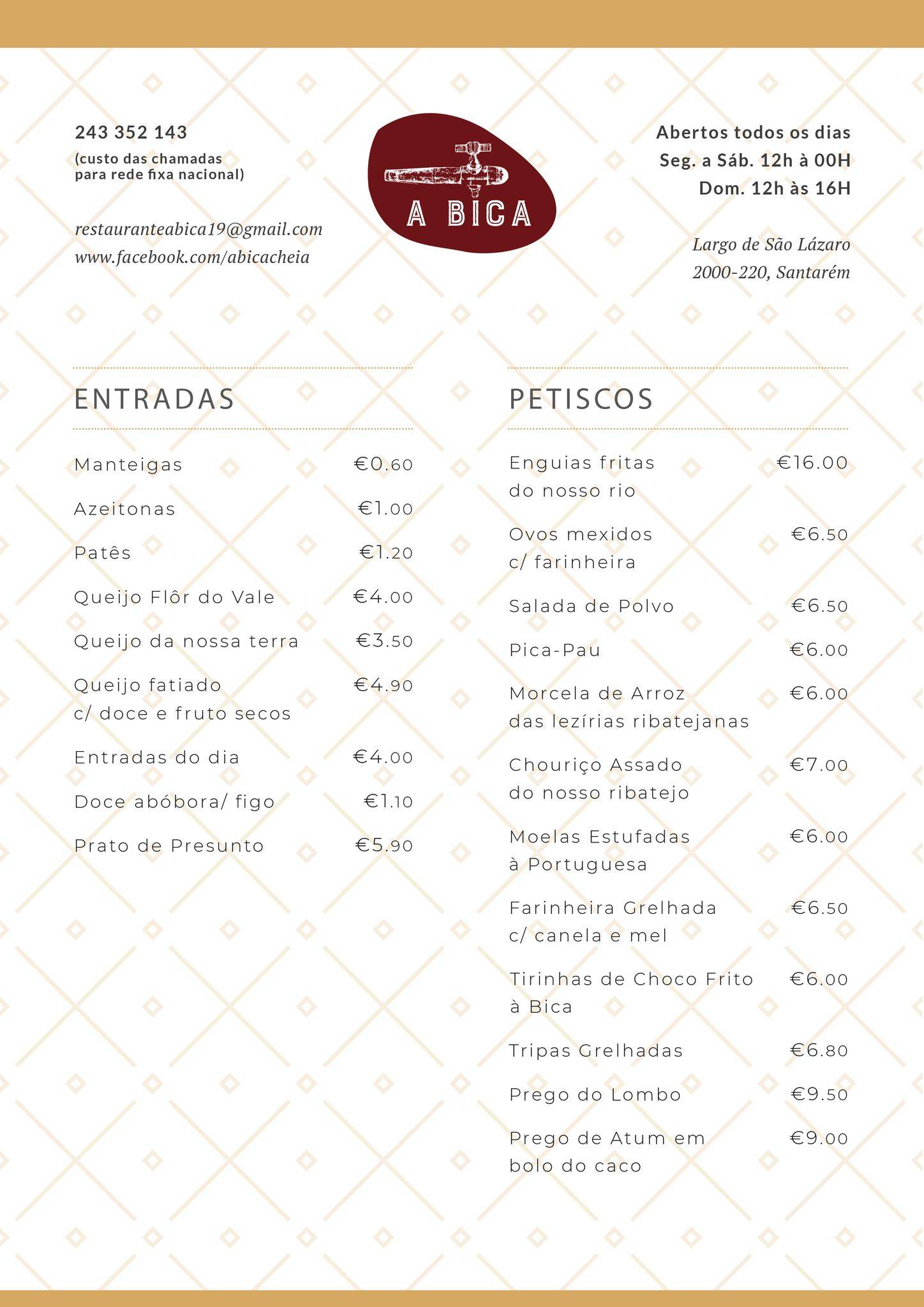 Menu em Restaurante A Bica, Santarem, Beco de São Lázaro 28