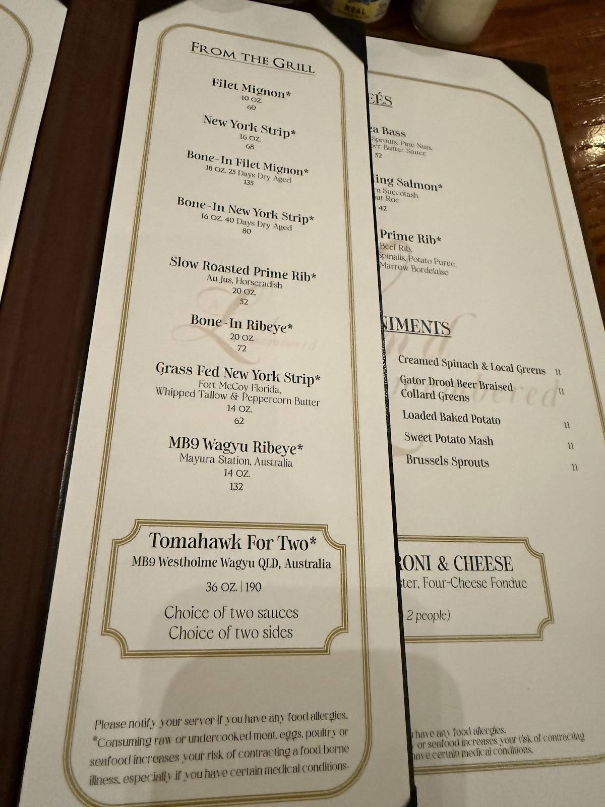 Menu at A Land Remembered steakhouse, Orlando, Universal Blvd