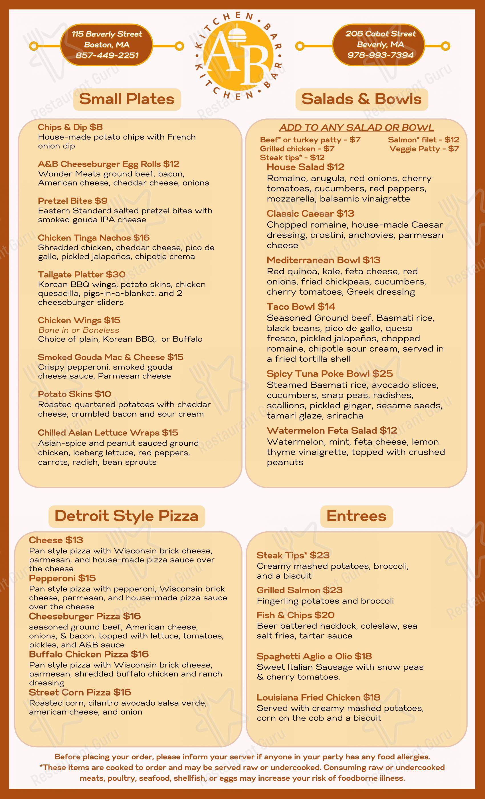 Menu at A&B Kitchen • BAR, Boston