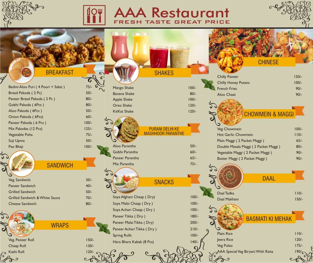 Menu at AAA Restaurant, Delhi