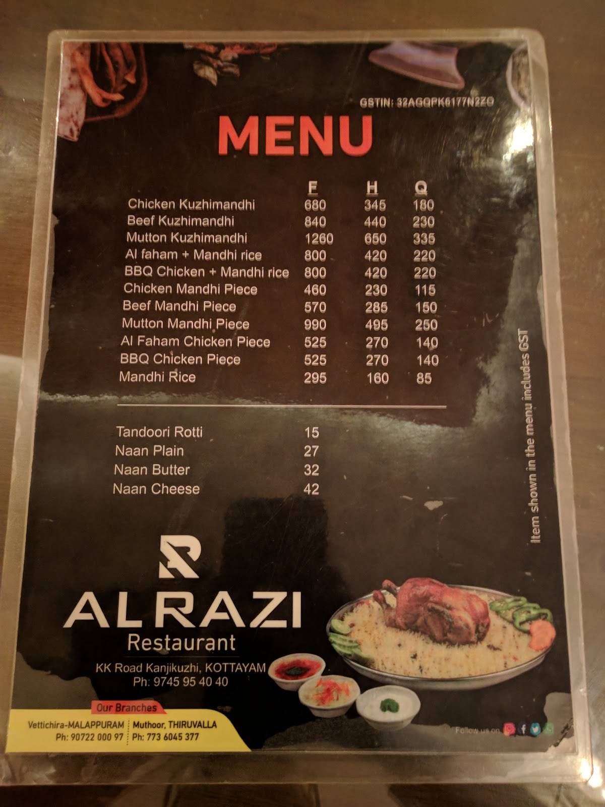 Menu at AL RAZI RESTAURANT,KUZHIMANDHI KOTTAYAM, Kottayam