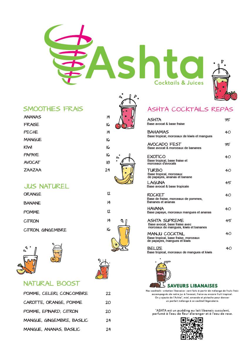 Menu au ASHTA COCKTAILS desserts, Casablanca