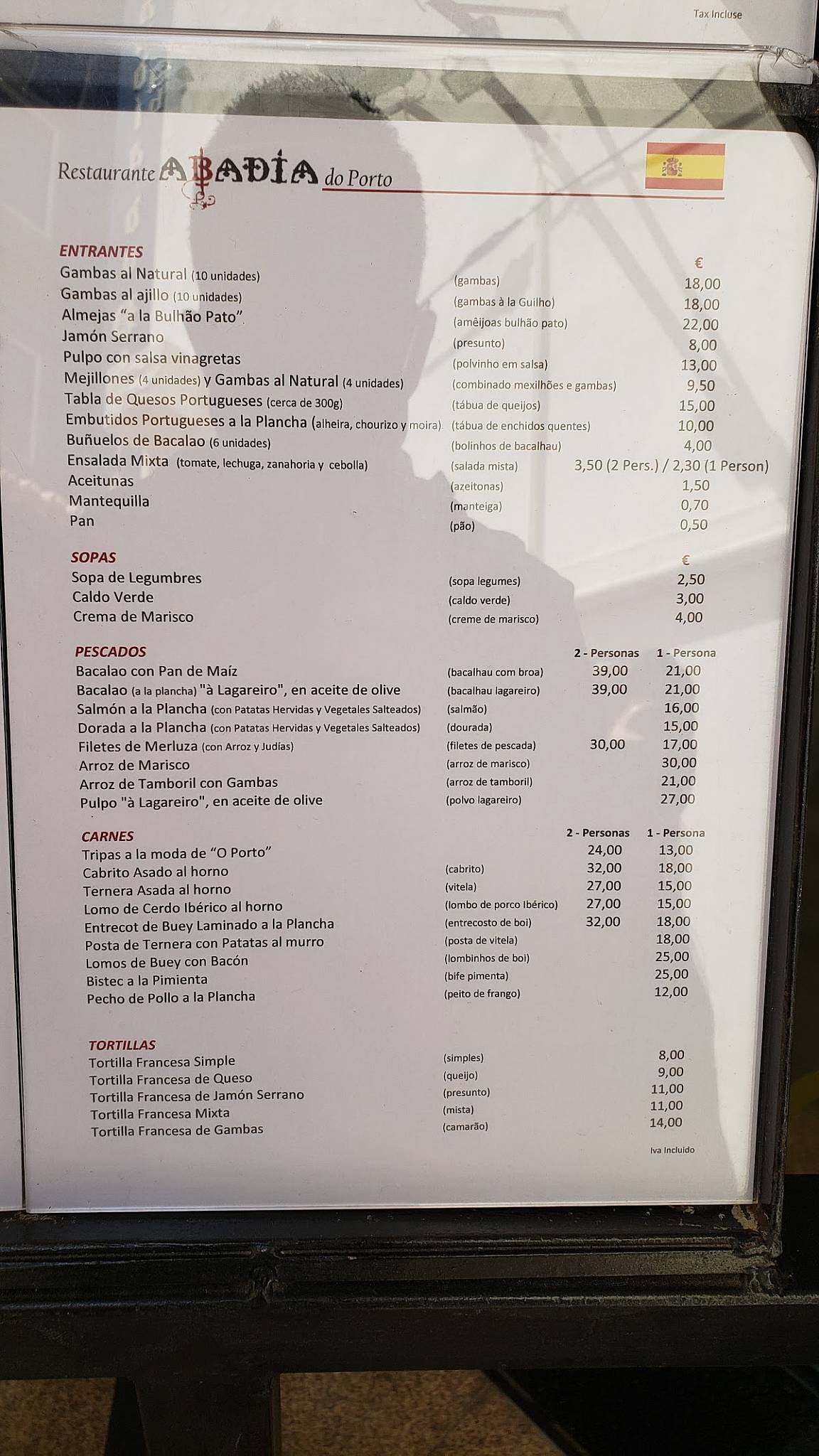 Menu at Abadia do Porto restaurant, Porto