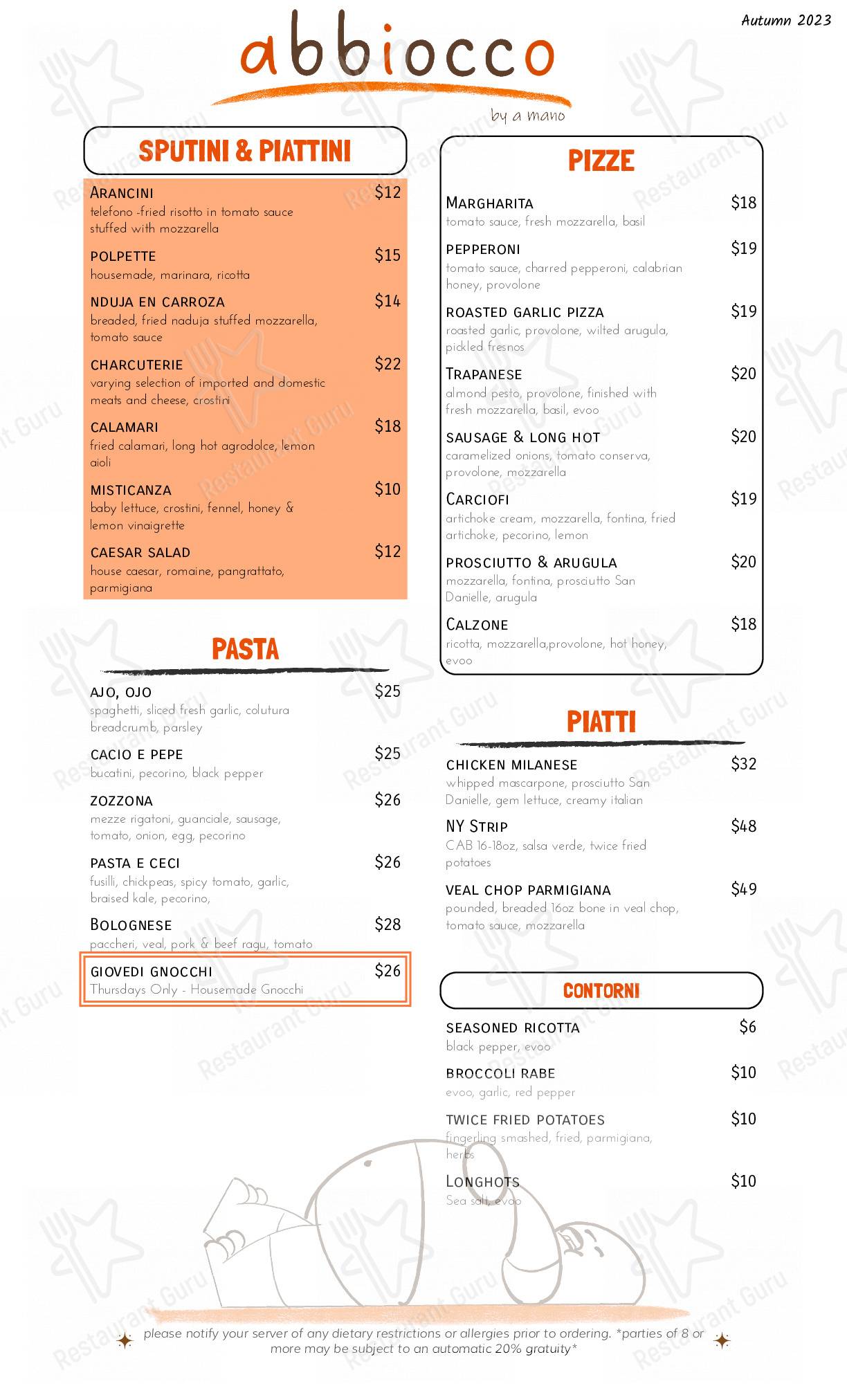 Carta del restaurante Abbiocco by A Mano, Siracusa