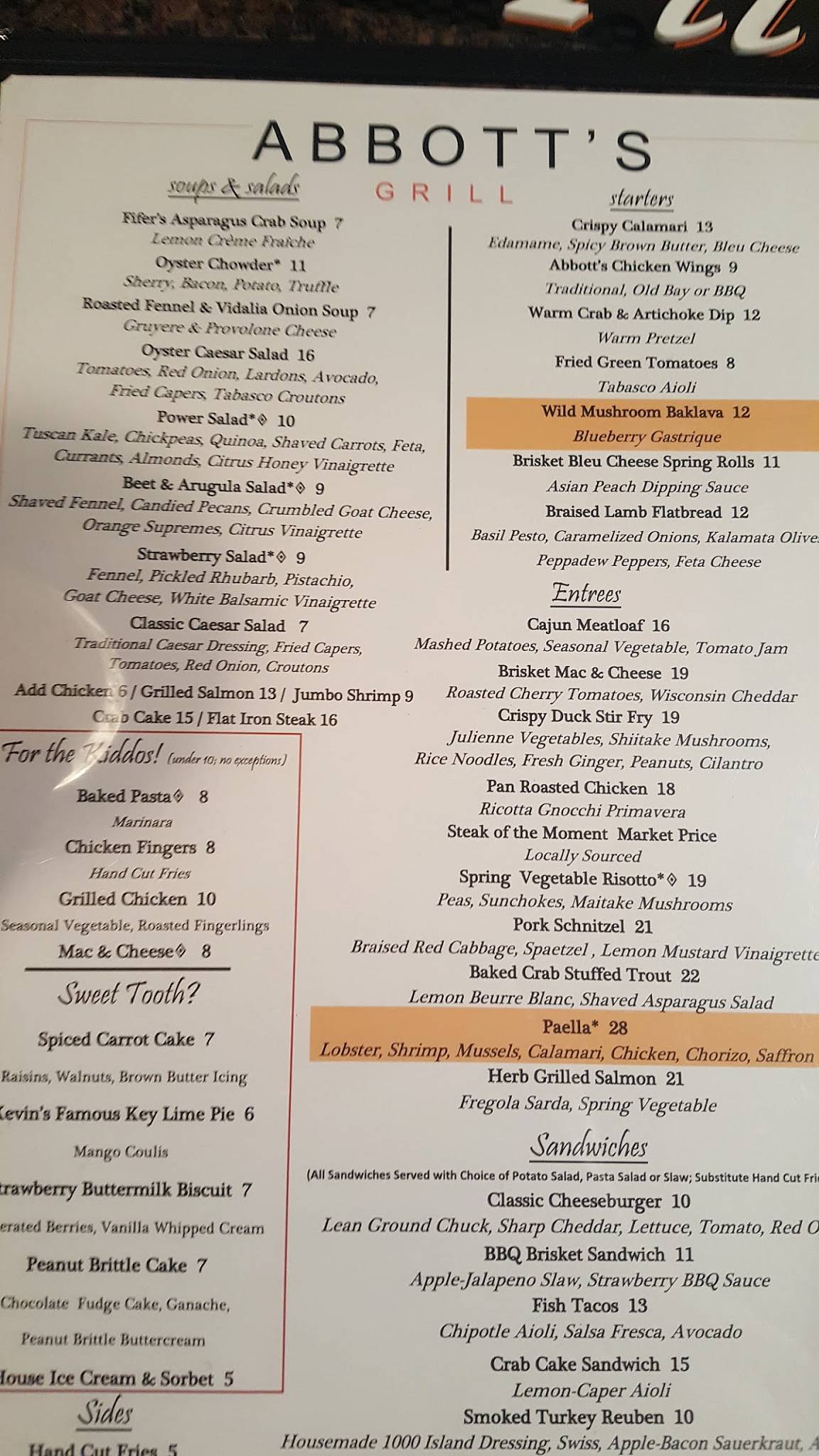 Menu at Abbott's Grill pub & bar, Milford, 249 NE Front St
