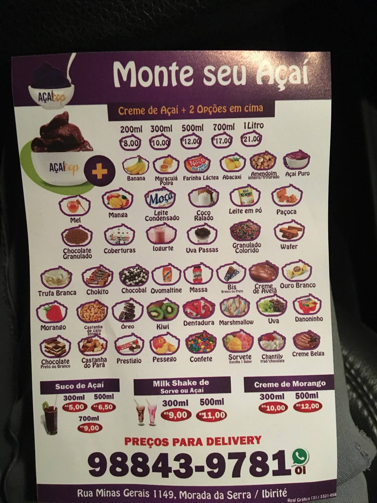 Menu at Açai Top, Ibirité