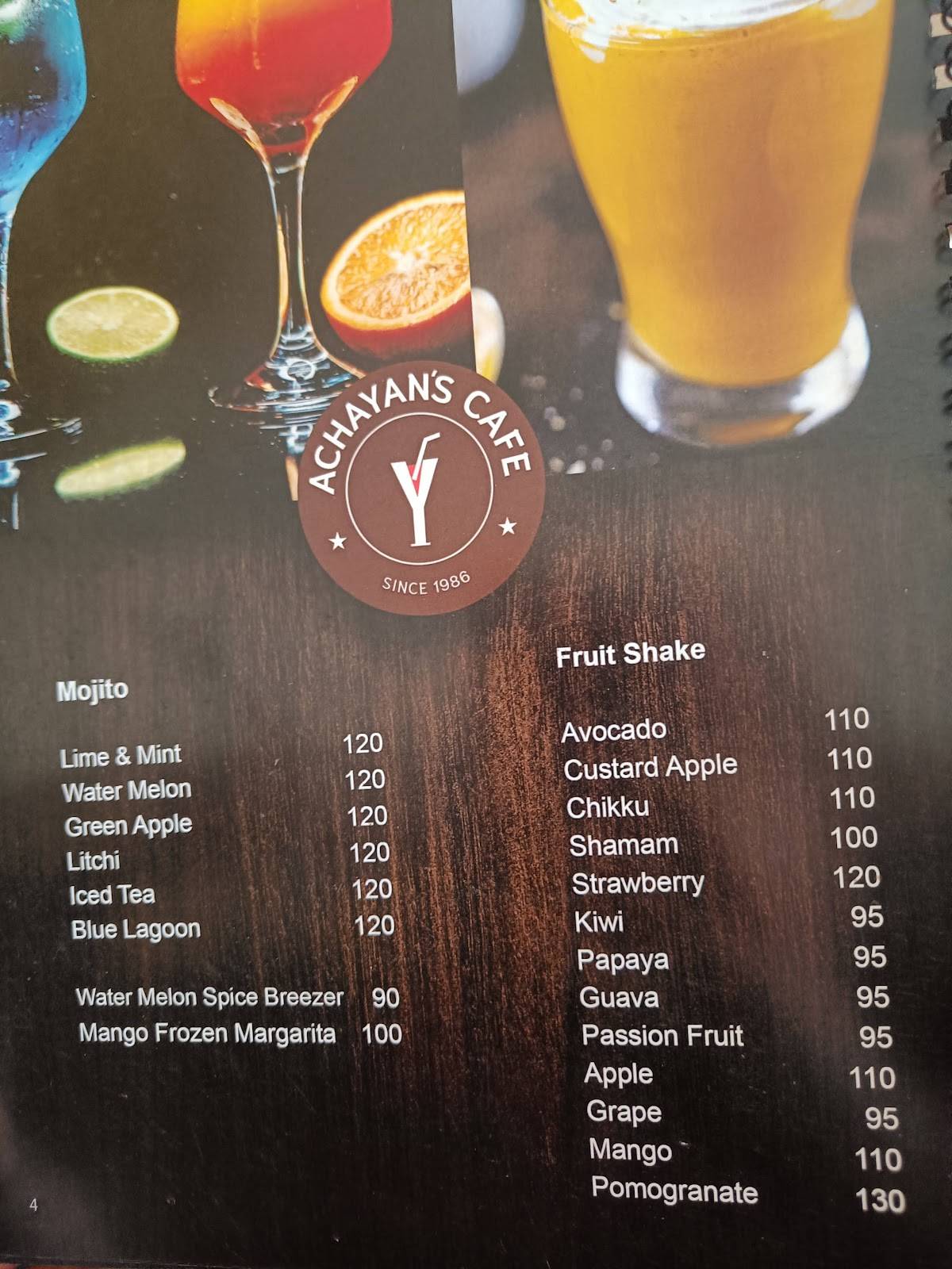 Menu at Achayan’s Cafe, Changanassery