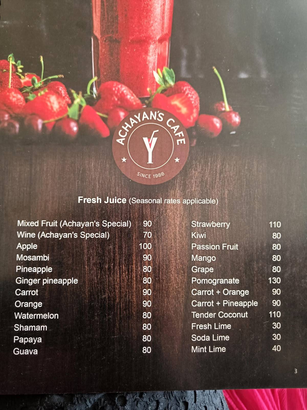 Menu at Achayan’s Cafe, Changanassery