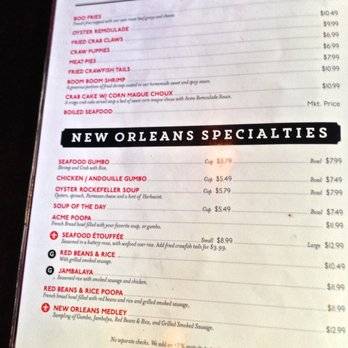 Menu at Acme Oyster House restaurant, New Orleans, 724 Iberville St
