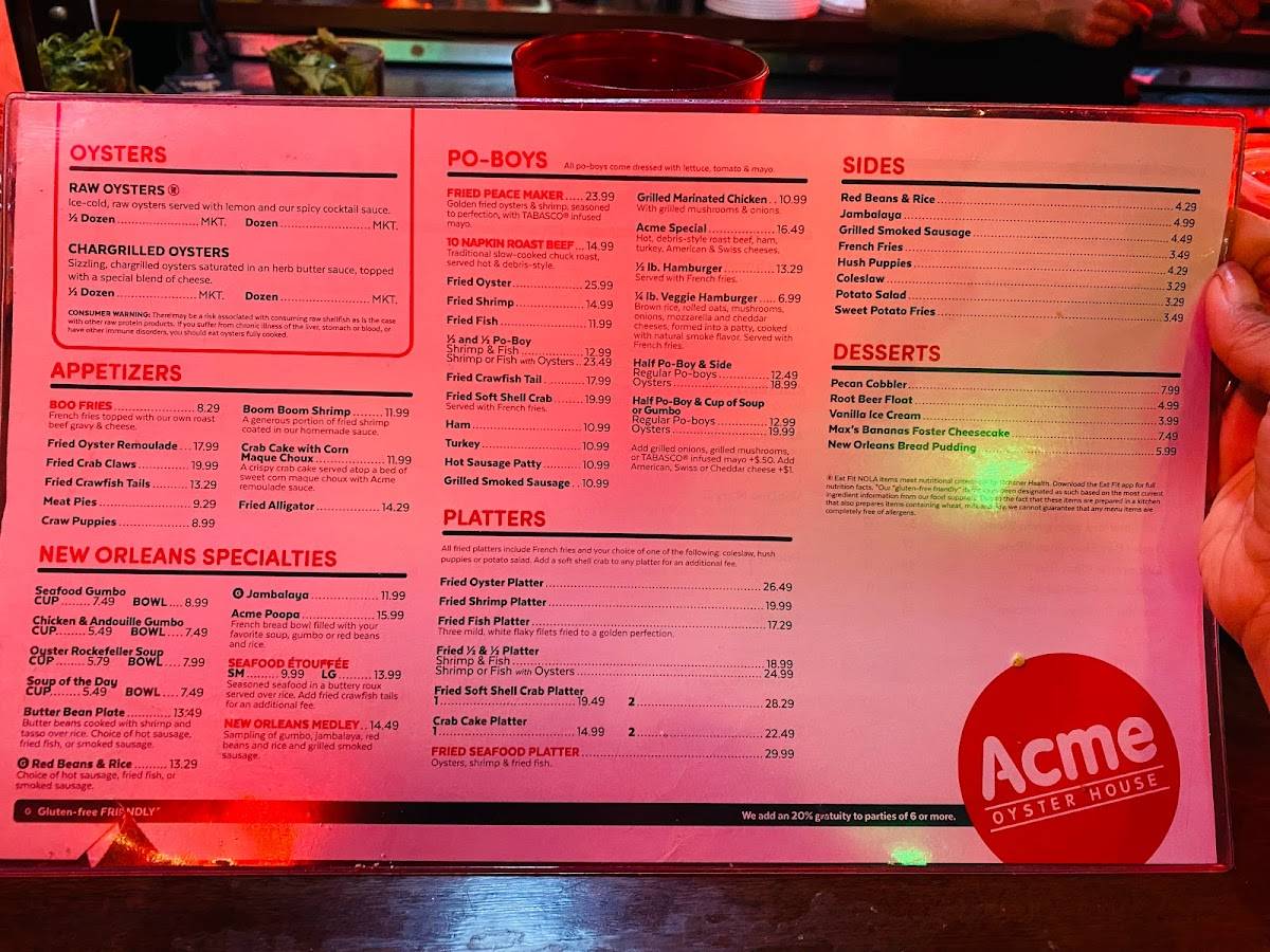 Menu at Acme Oyster House restaurant, New Orleans, 724 Iberville St