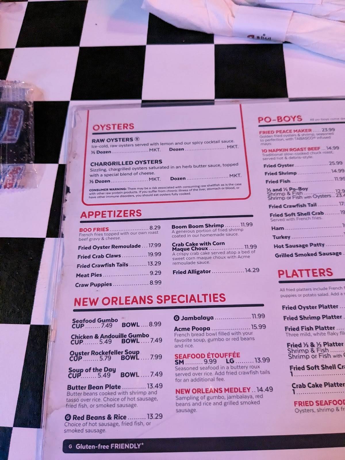 Menu at Acme Oyster House restaurant, New Orleans, 724 Iberville St
