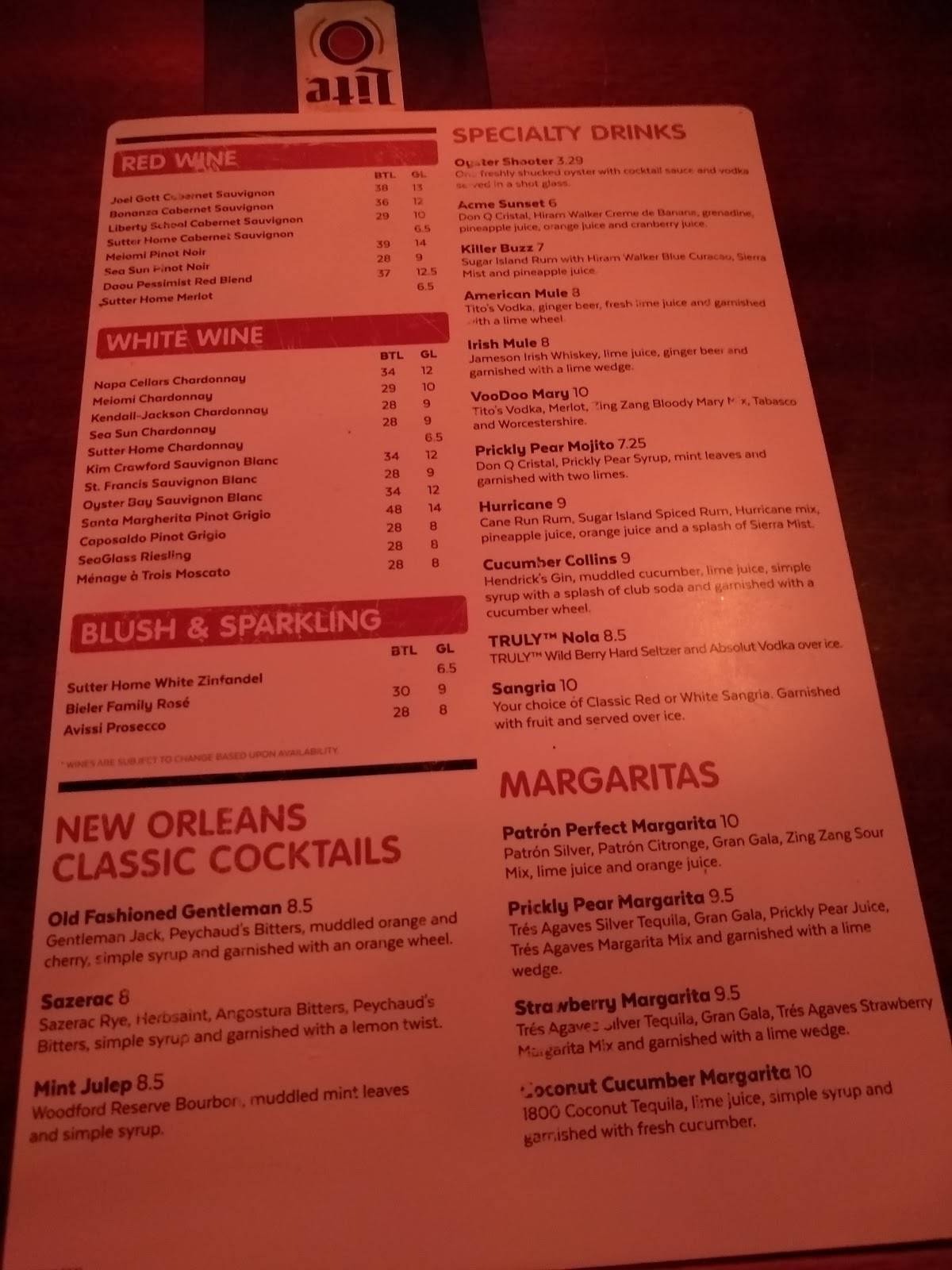 Menu at Acme Oyster House restaurant, New Orleans, 724 Iberville St