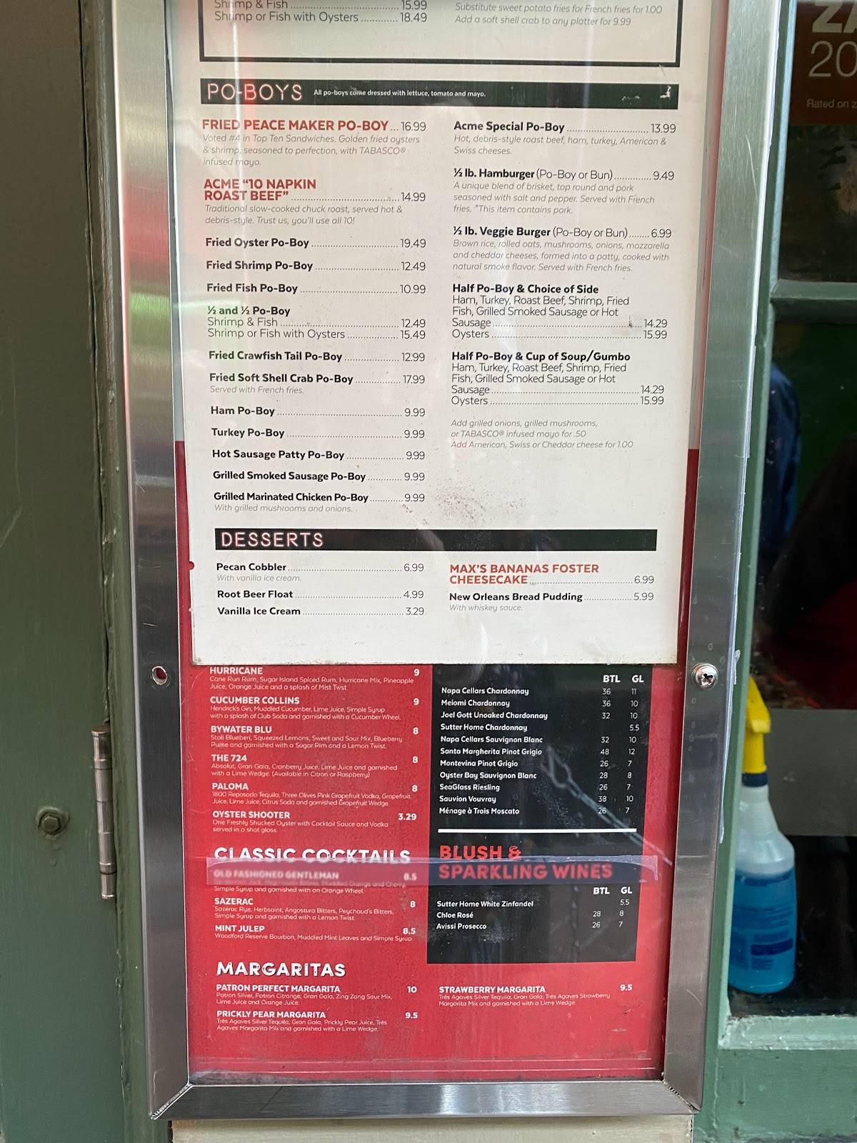 Menu at Acme Oyster House restaurant, New Orleans, 724 Iberville St