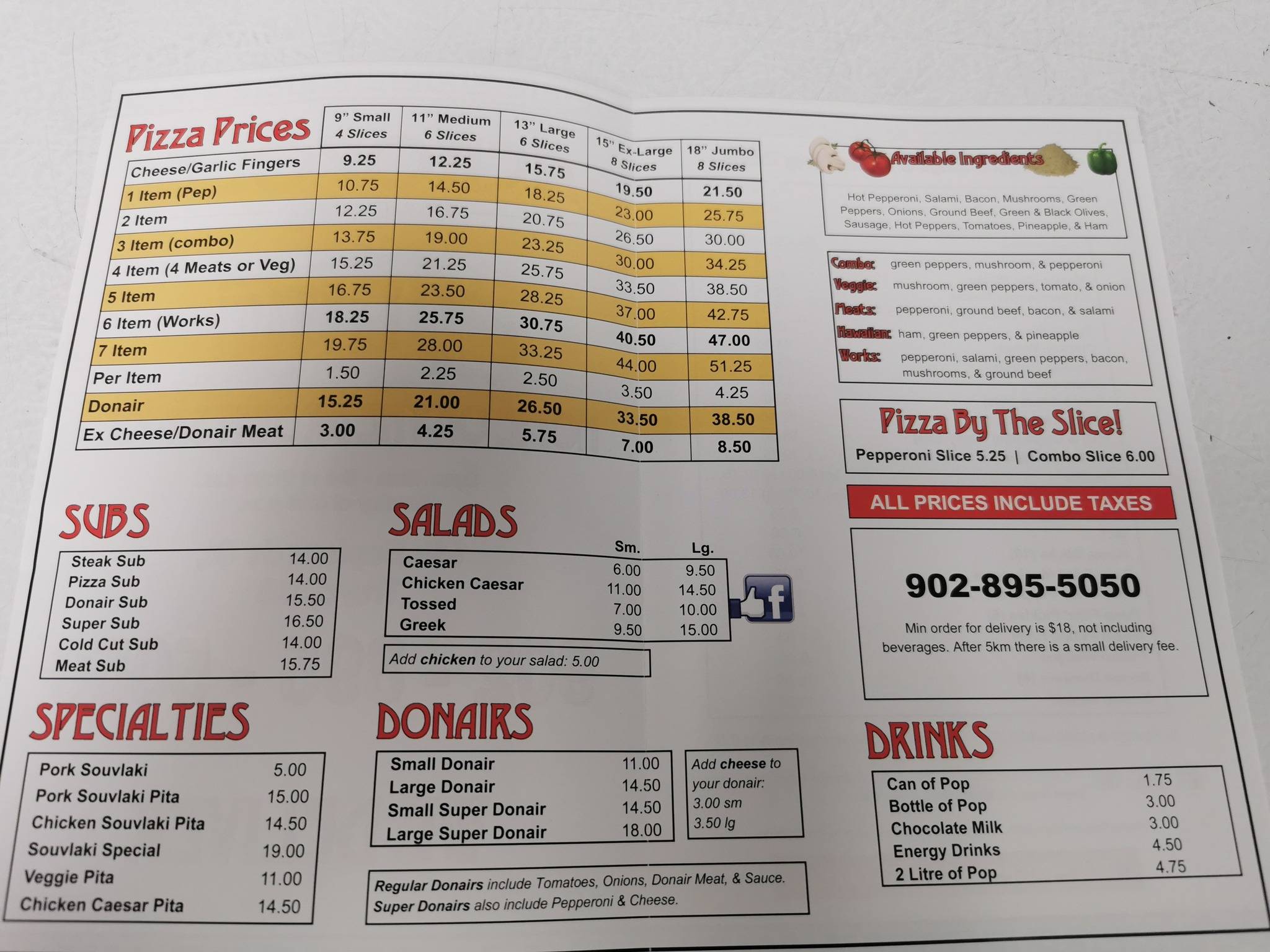 Carta de pizzería Acropole Pizza & Donair, Truro