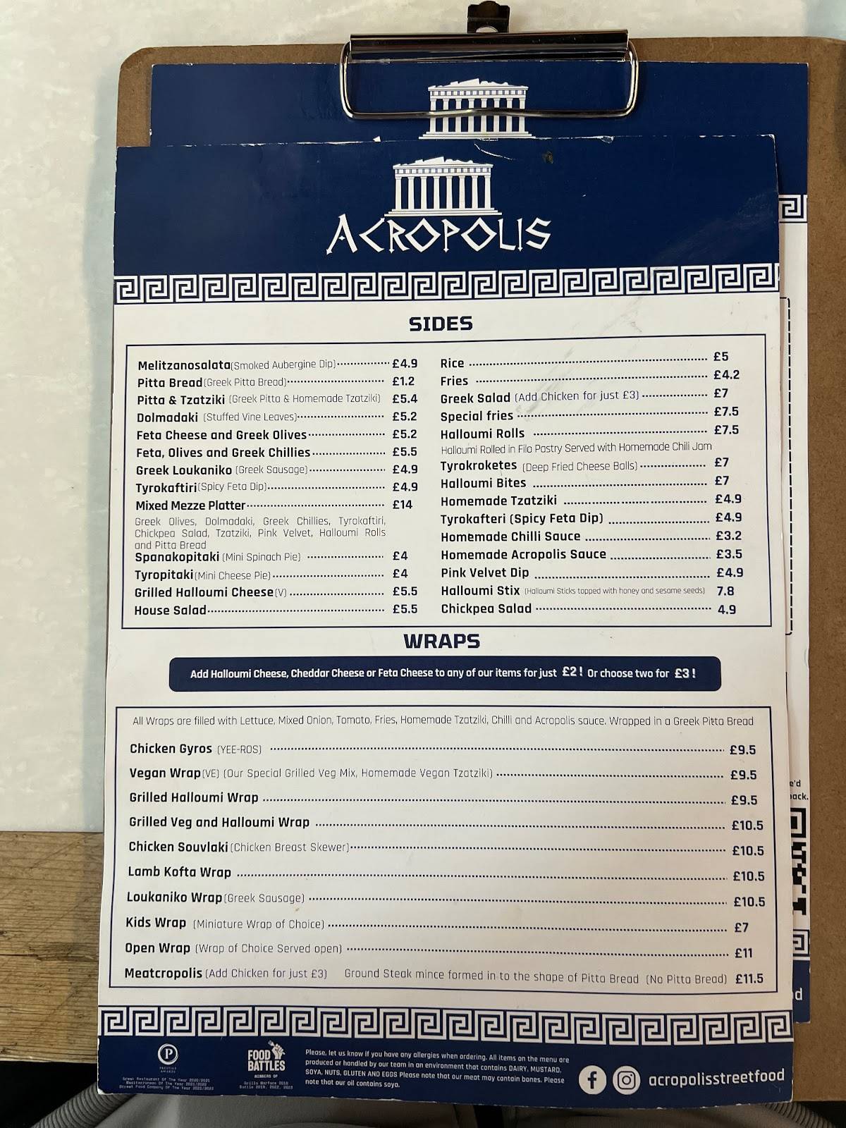 Menu at Acropolis restaurant, Gateshead