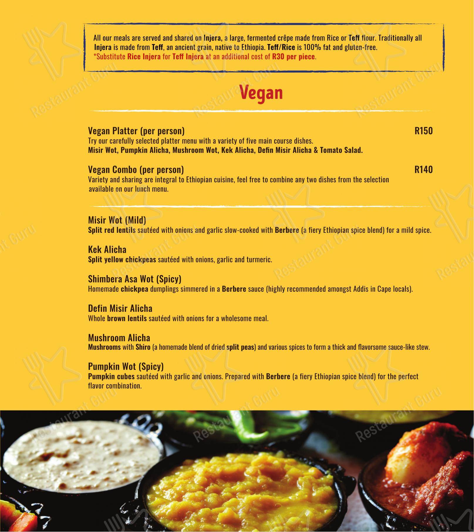 Speisekarte von Addis in Cape Ethiopian Restaurant, Kapstadt