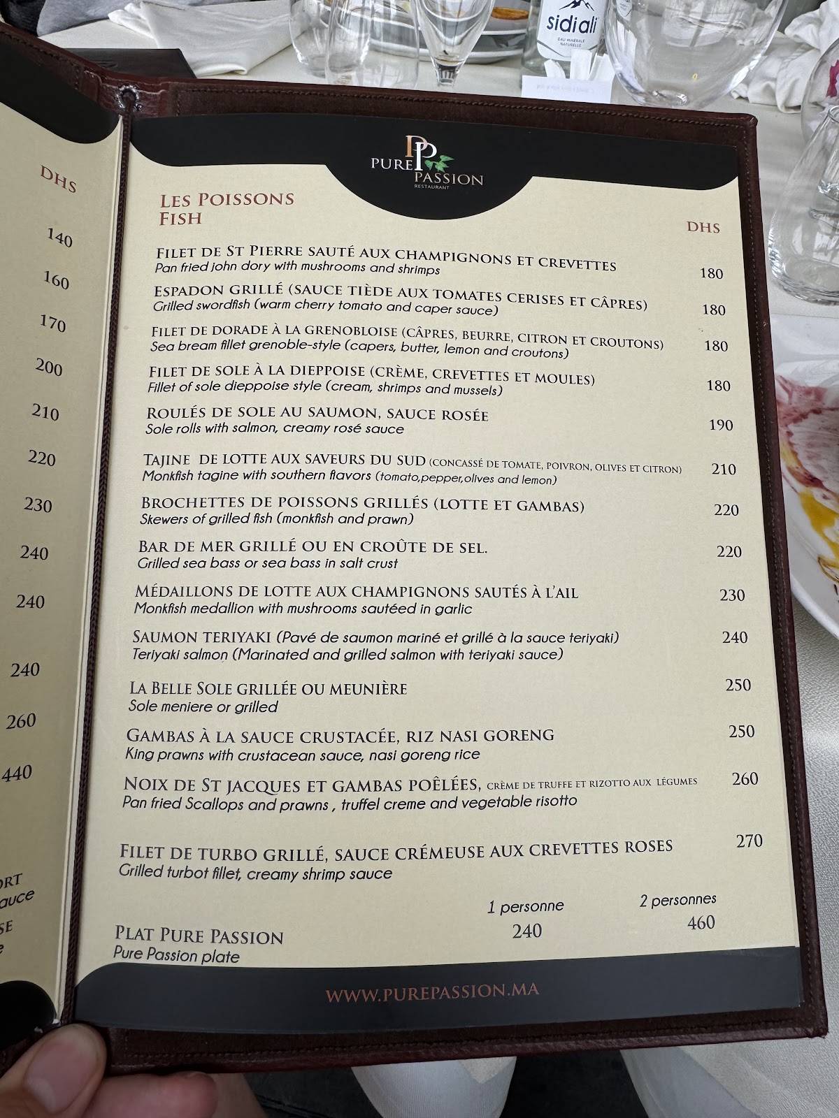 Menu at Pure Passion restaurant, Agadir, Résidence N°02 m1 Complexe Marina