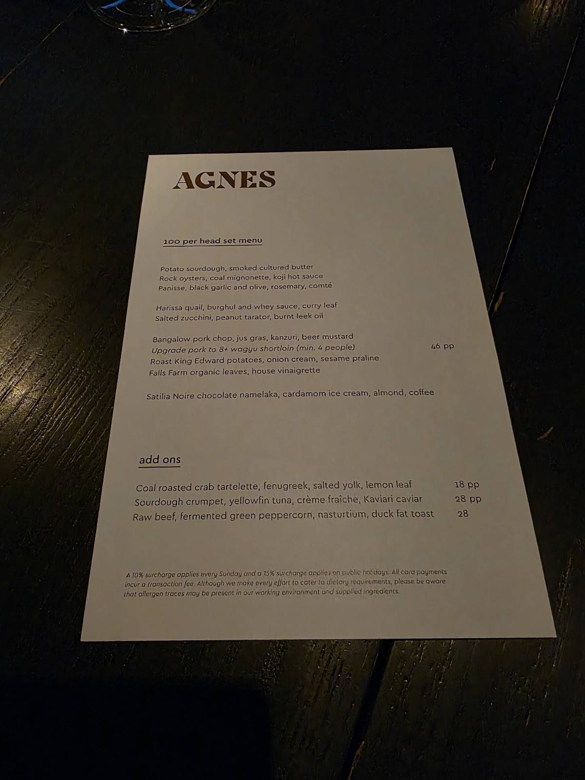 Menu at Agnes Restaurant, Fortitude Valley