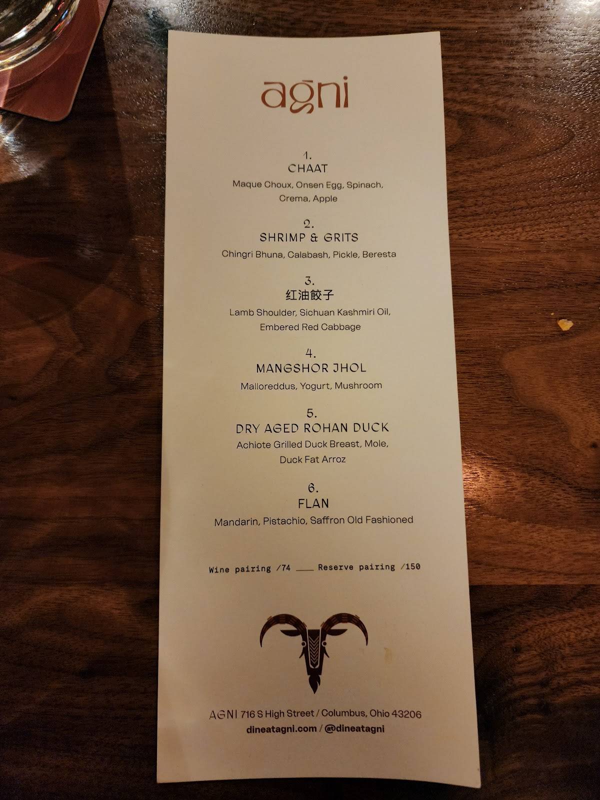 Menu at Agni restaurant, Columbus