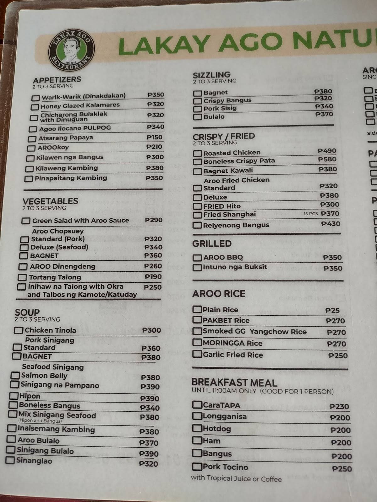 Menu at LAKAY AGO NATURE'S PARK restaurant, Agoo