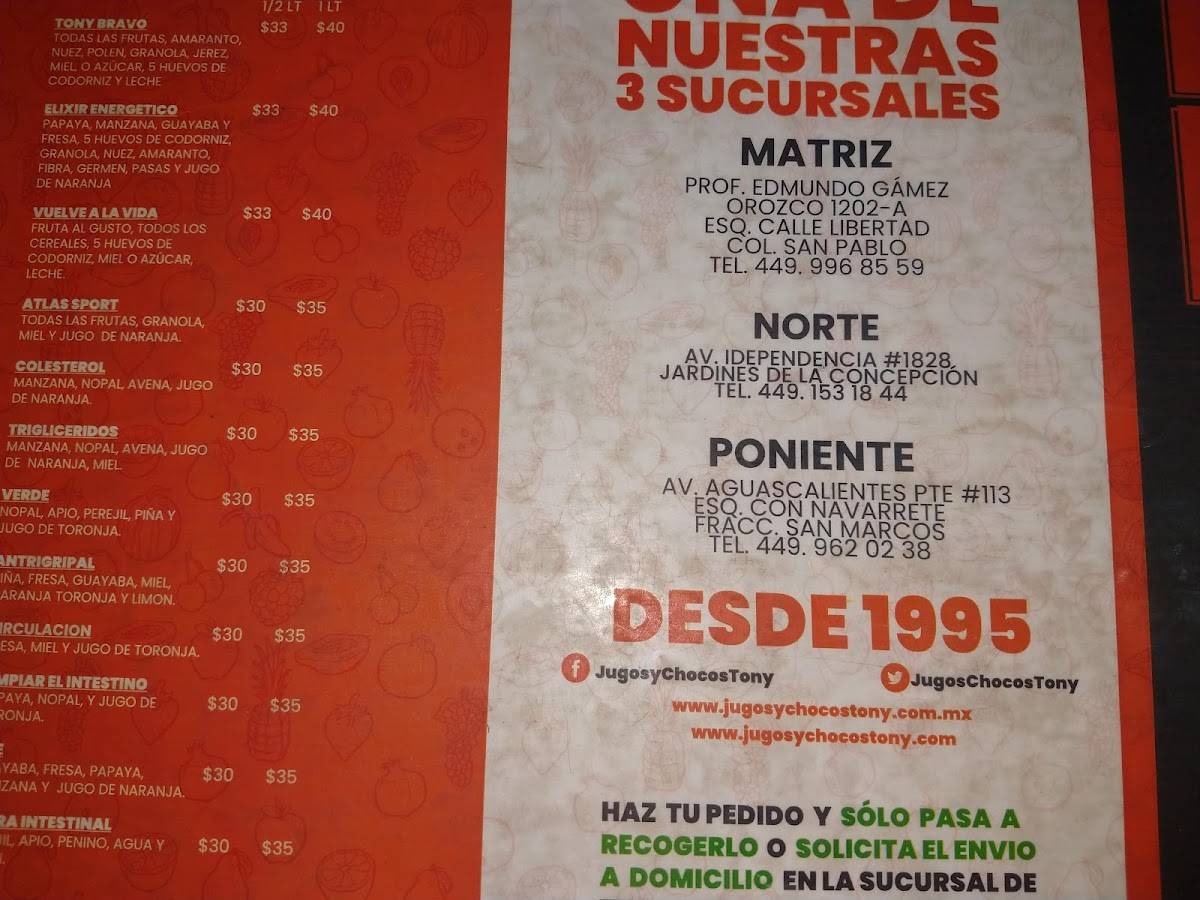 Carta del pub y bar Jugos Y Chocos Tony, Aguascalientes, Aguascalientes ...
