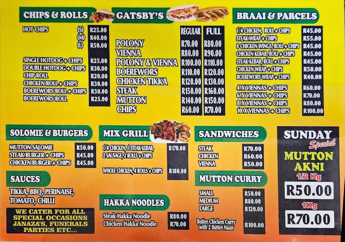 Menu at Ahmad's Tikka Chicken & Takeaways restaurant, Cape Town