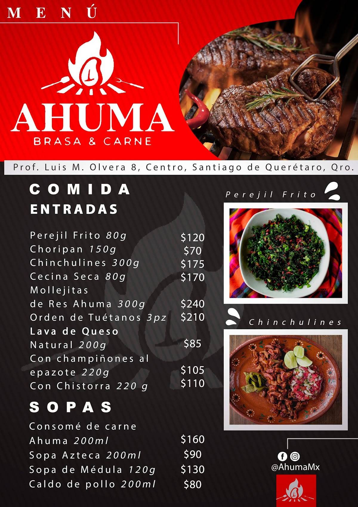 Carta del restaurante Ahuma, Santiago del Querétaro