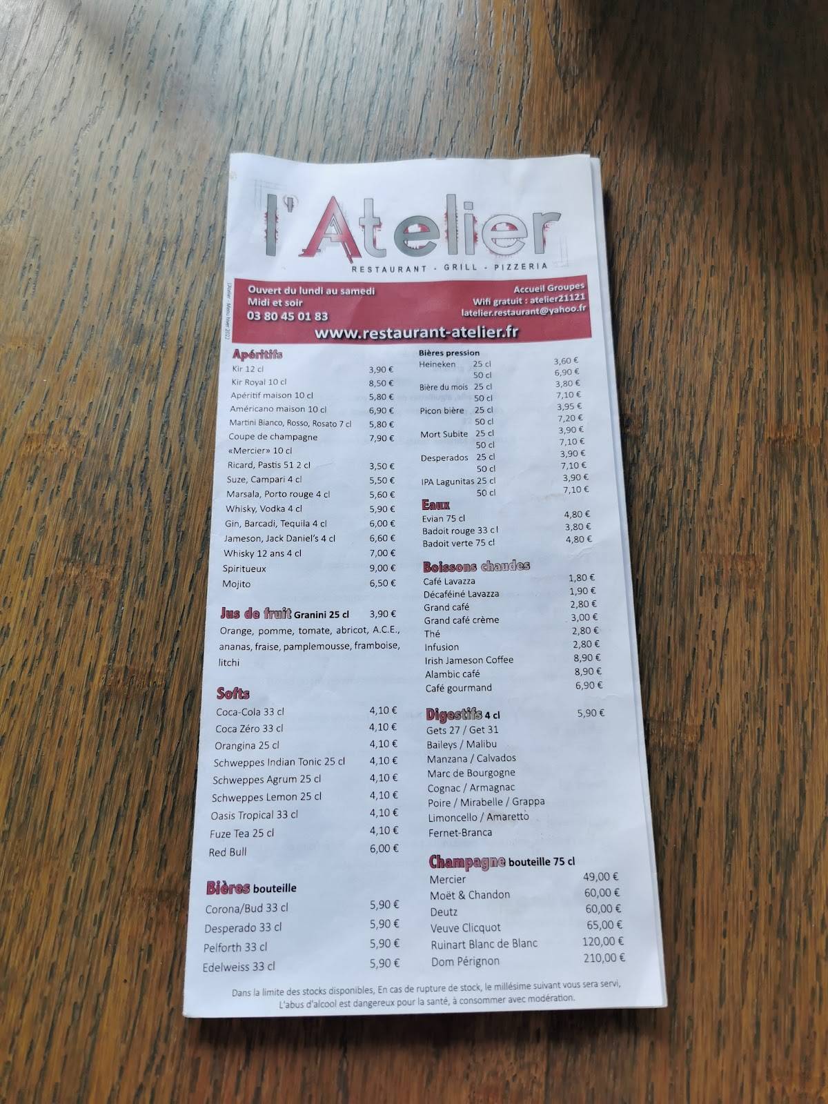Menu au L'Atelier restaurant, Ahuy