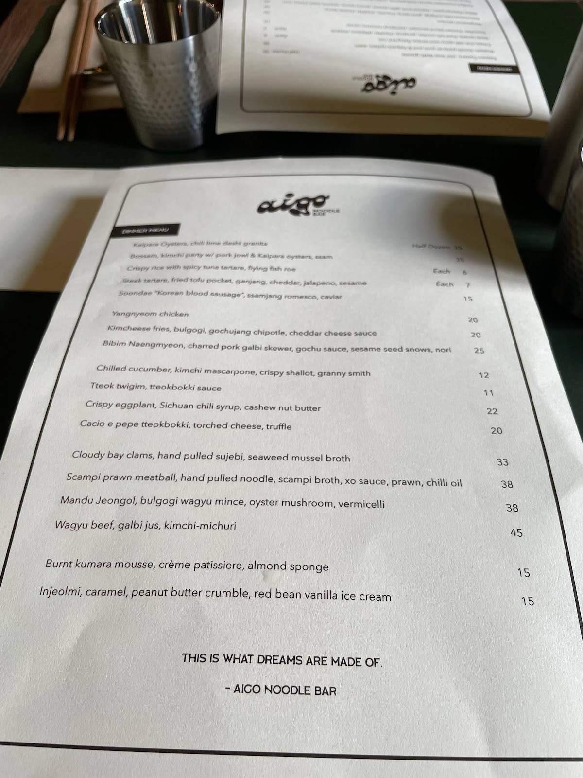 Menu at Aigo Ponsonby restaurant, Auckland