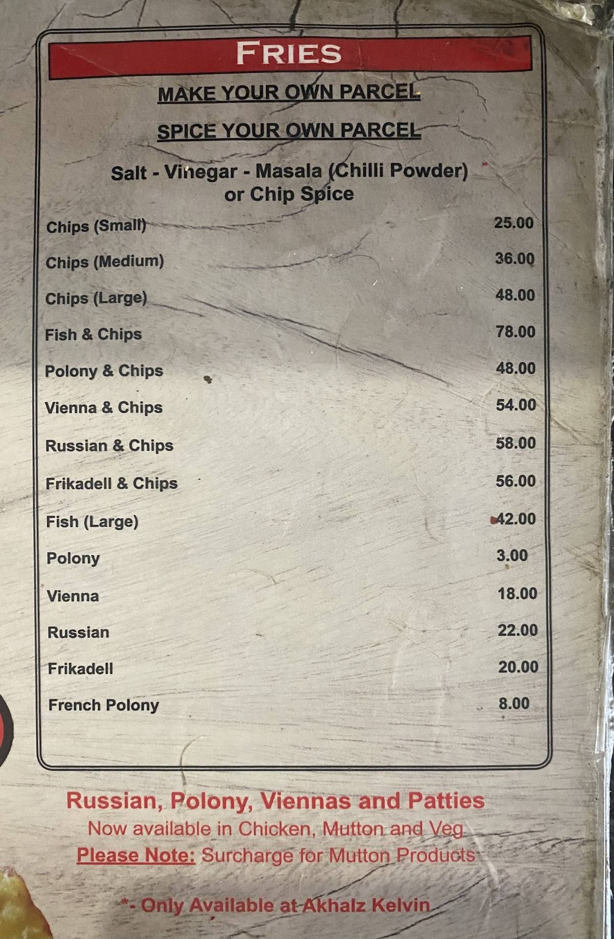 Menu at Akhalz Kelvin (Akhalwayas) restaurant, Johannesburg