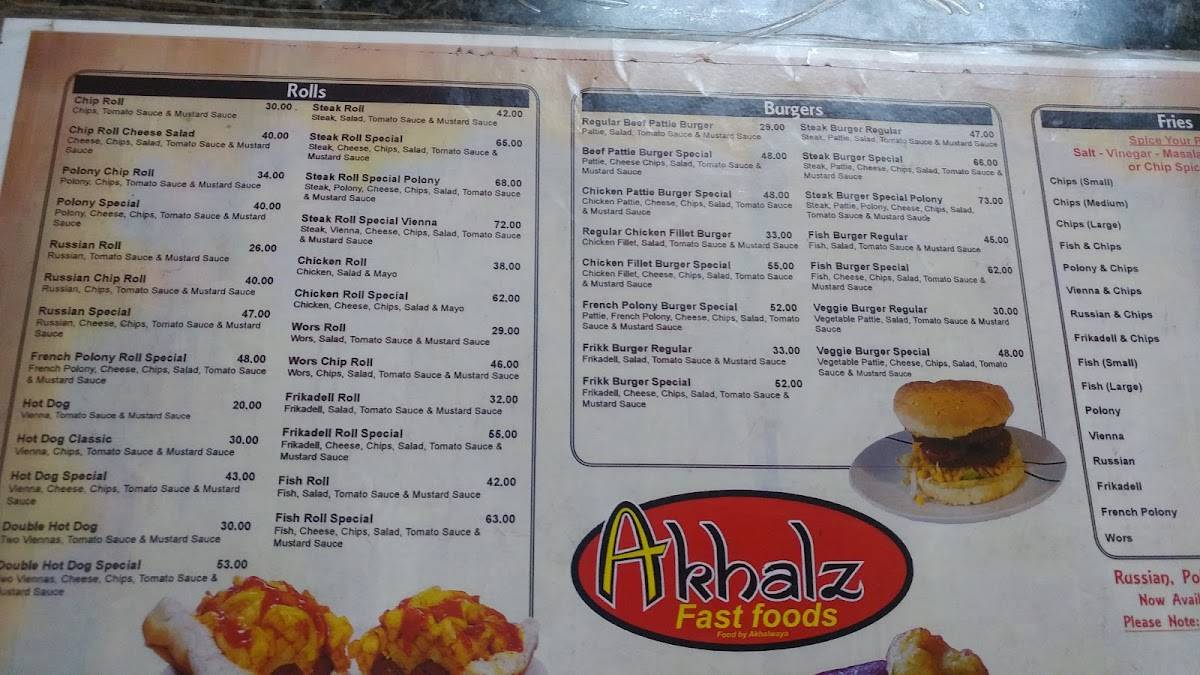 Menu at Akhalz Kelvin (Akhalwayas) restaurant, Johannesburg