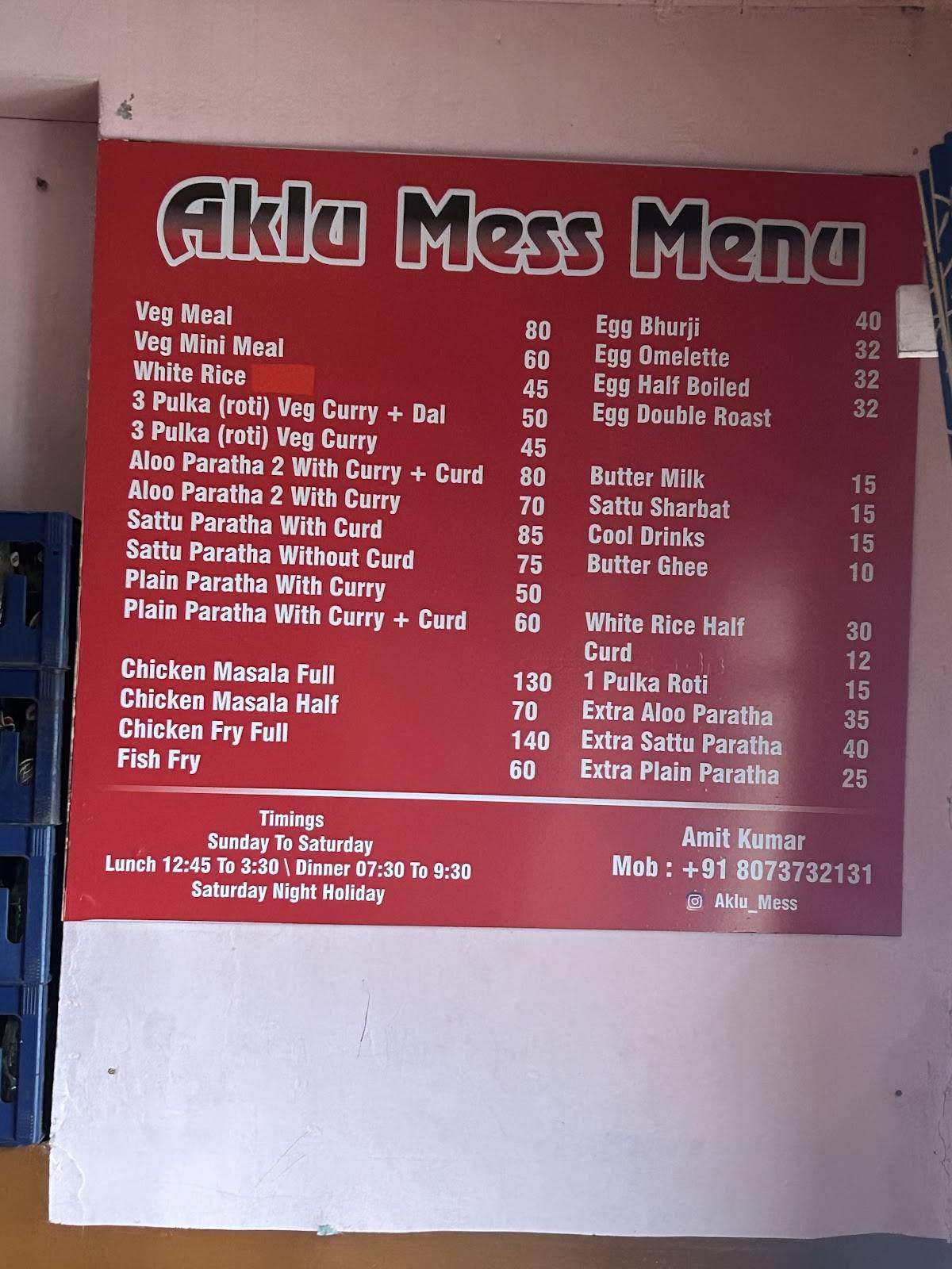 Menu at Aklu Mess, Mysuru