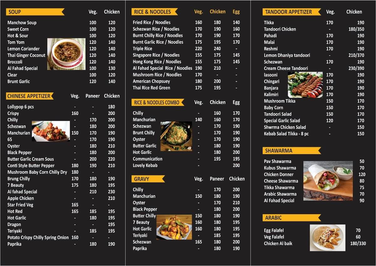 Menu at Al Fahad fast food, Mumbai