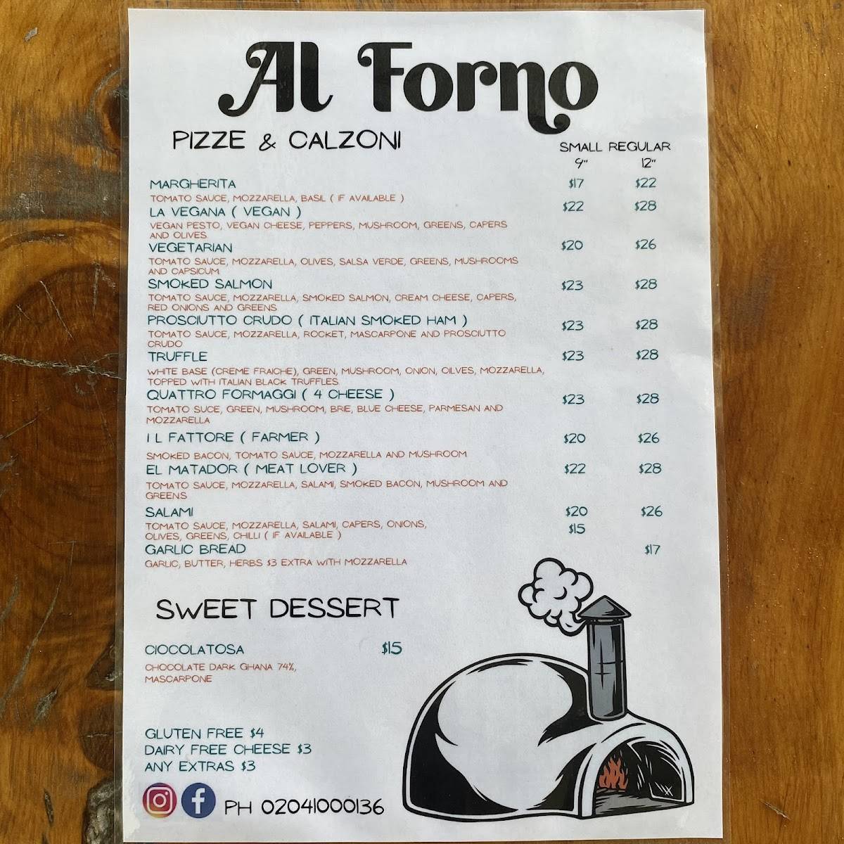 Menu at Al Forno Pizza restaurant, Pohara
