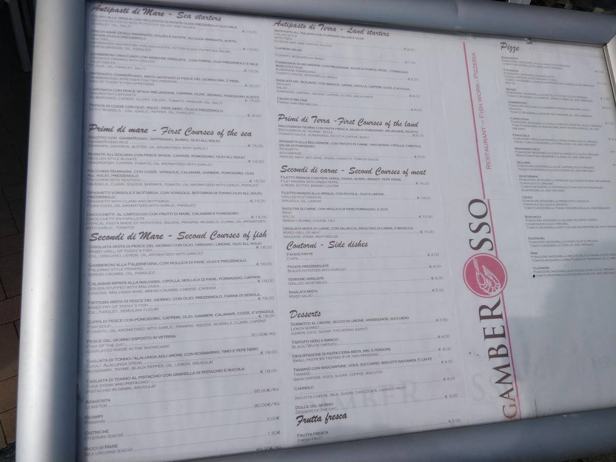 Menu da Al Gambero ristorante, Milazzo, Via Ammiraglio Luigi Rizzo