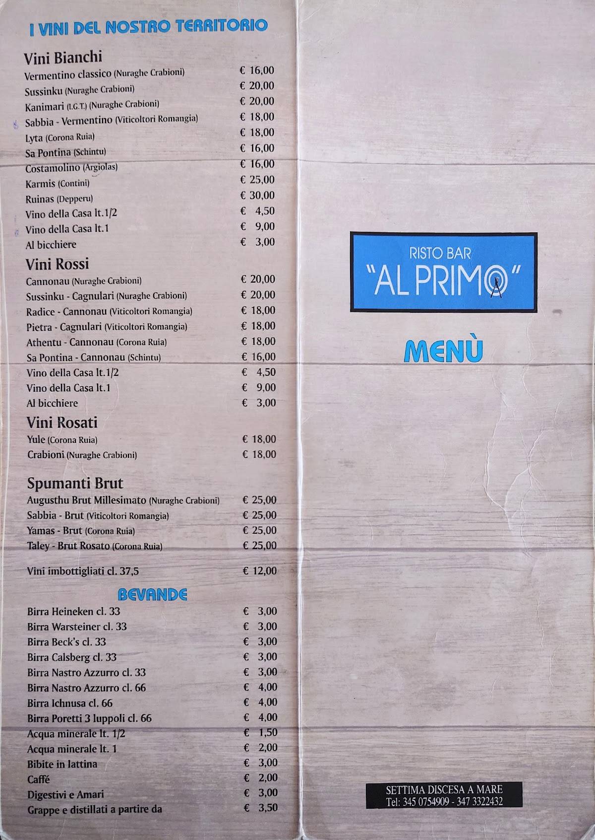 Menu da Al Primo Risto bar, Marina di Sorso