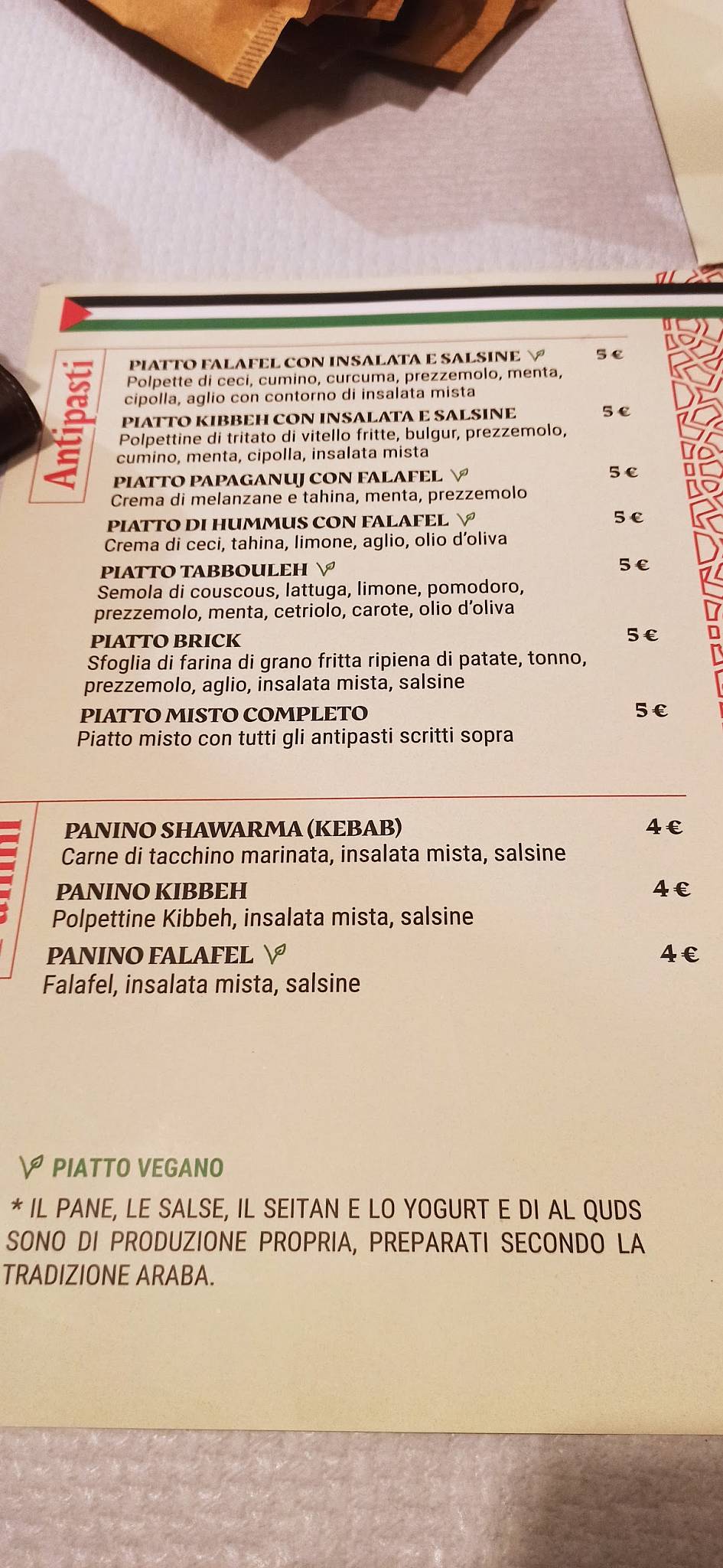 Menu at Al Quds restaurant, Palermo, Via Giuseppe Garibaldi