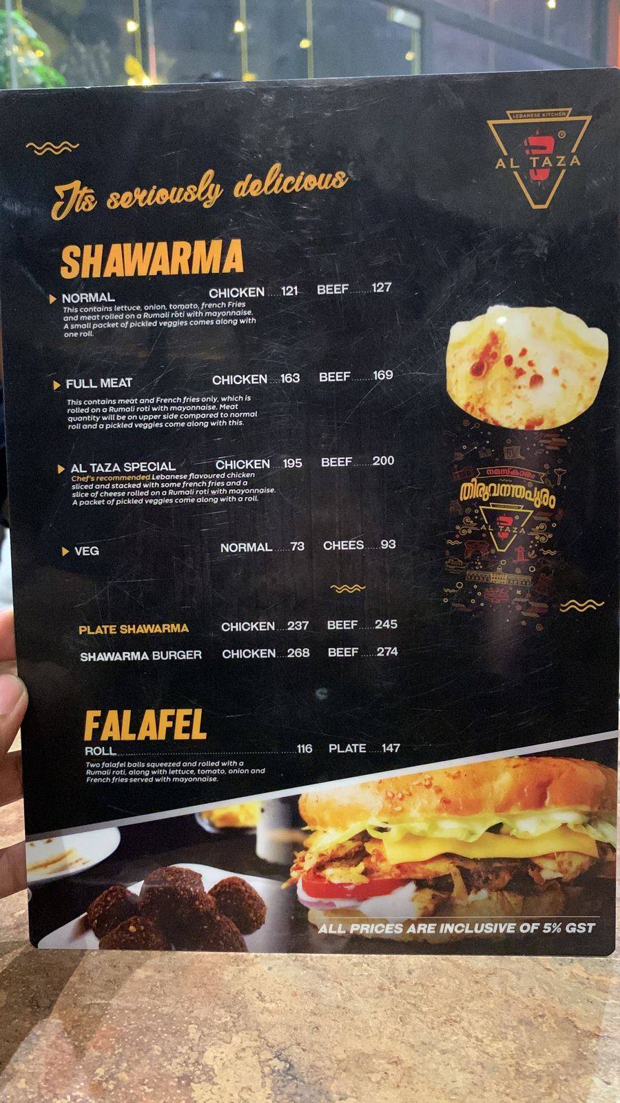 Menu at Al Taza Shawarma, India