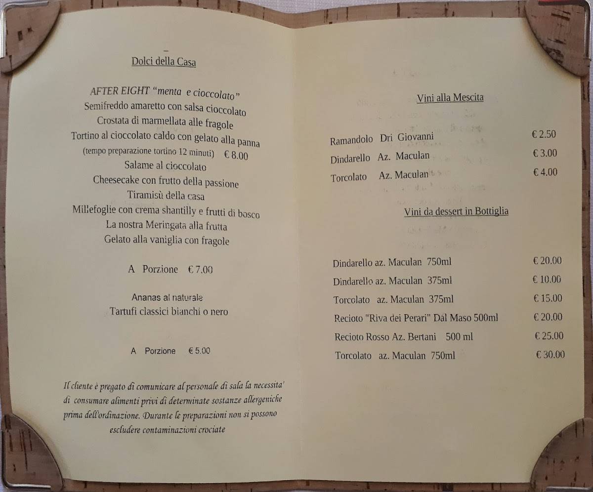 Menu da Al Volto ristorante, Longare