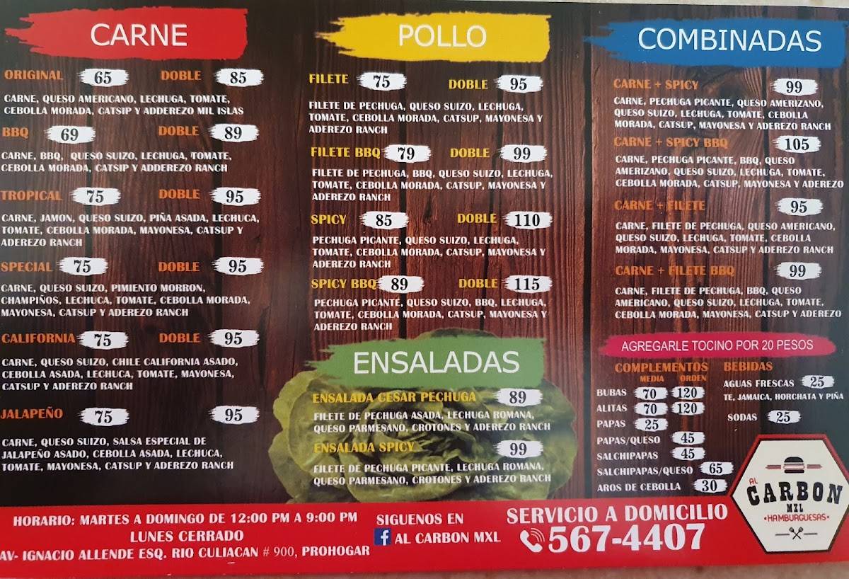 Carta del restaurante Al carbon Mxl Hamburguesas, Mexicali