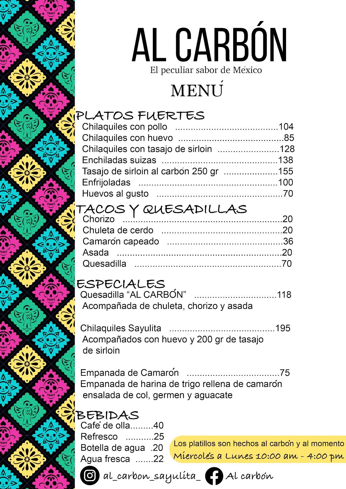 Menu at Al carbón Sayulita restaurant, Sayulita