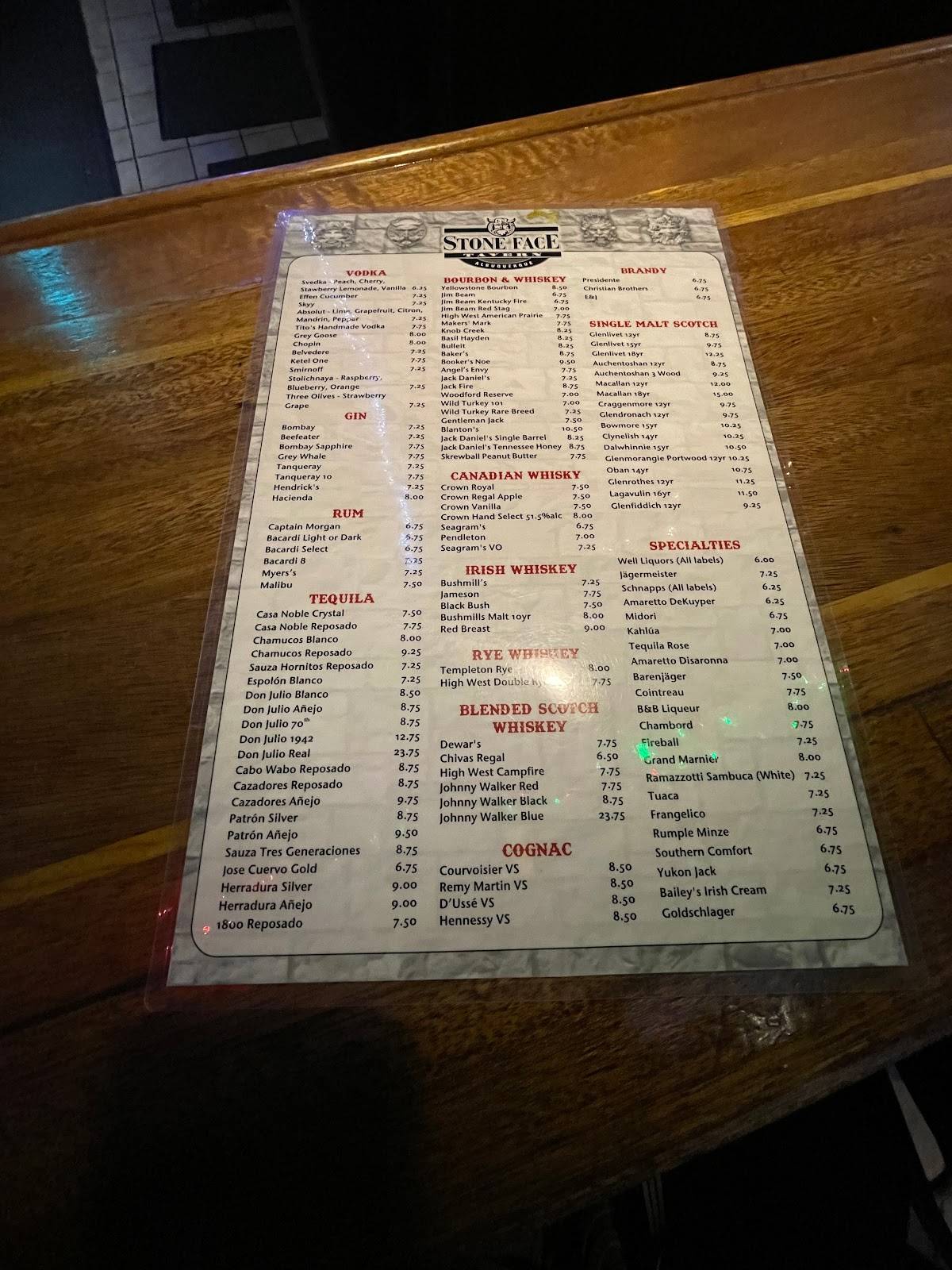 Menu at Stone Face Tavern pub & bar, Albuquerque