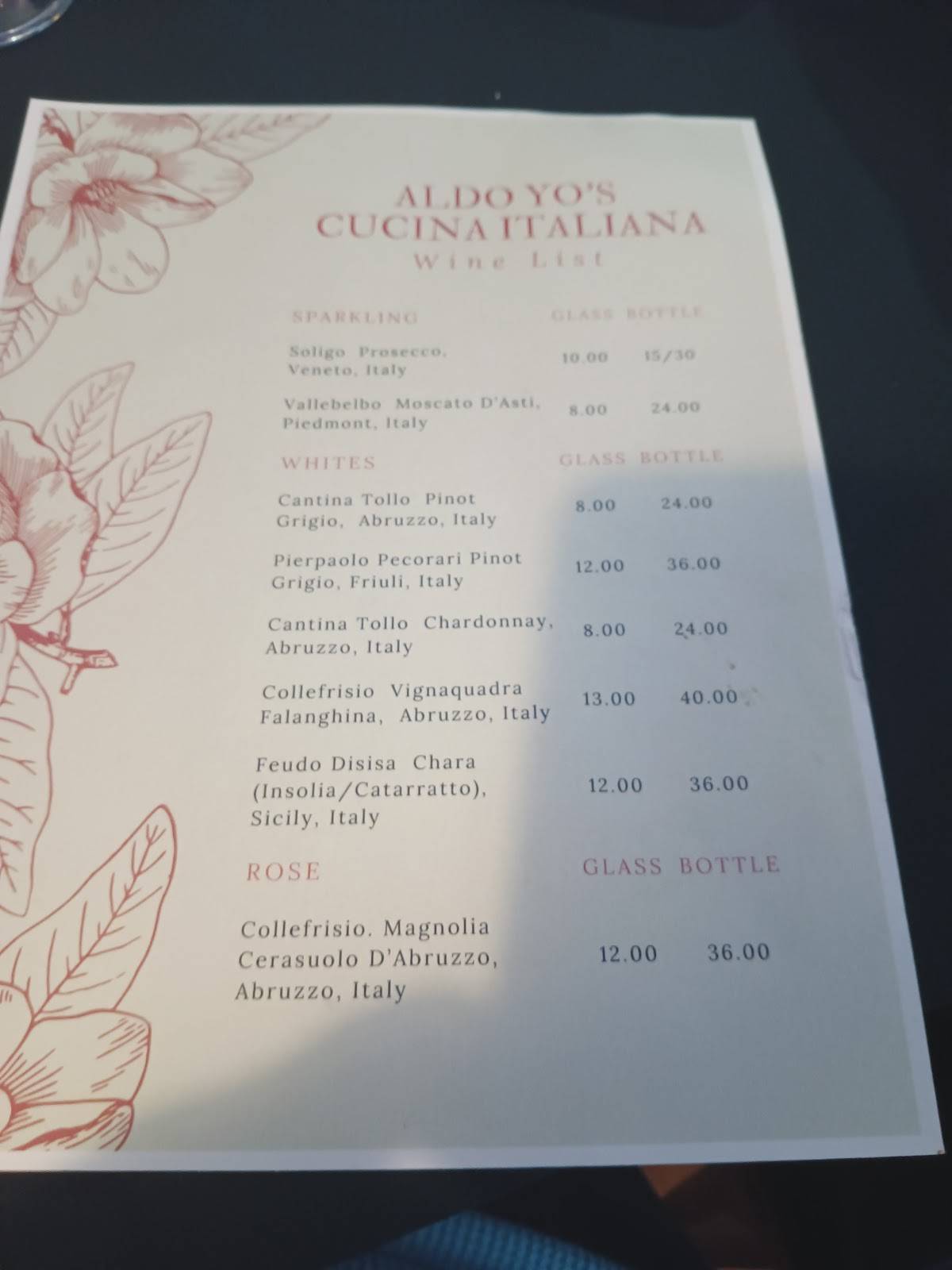 Menu at Aldo Yo's Cucina Italiana restaurant, DeBary