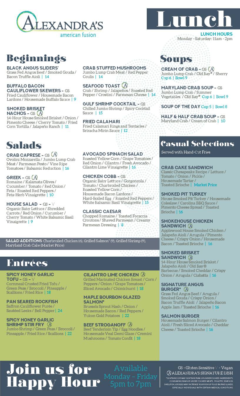 Menu at Alexandra's Restaurant, Ellicott City