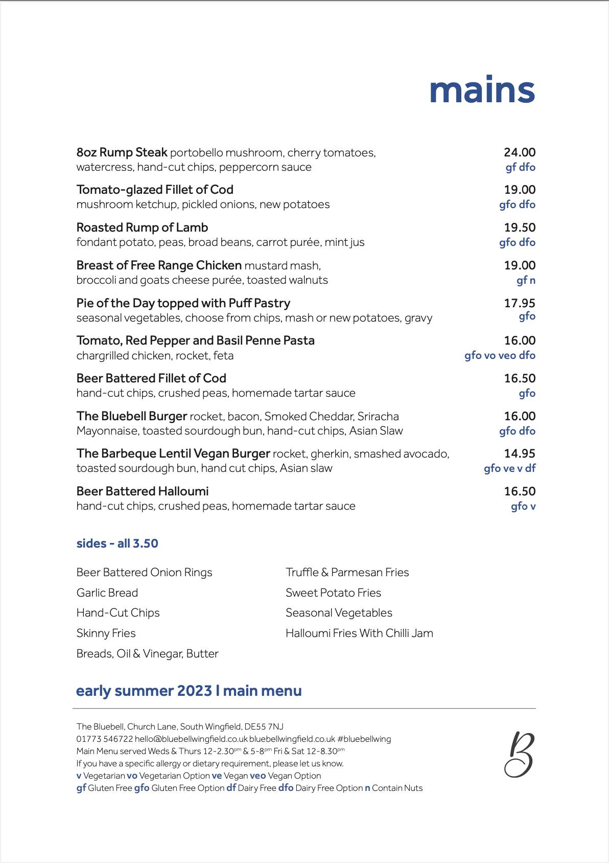 Menu at The Bluebell restaurant, Alfreton